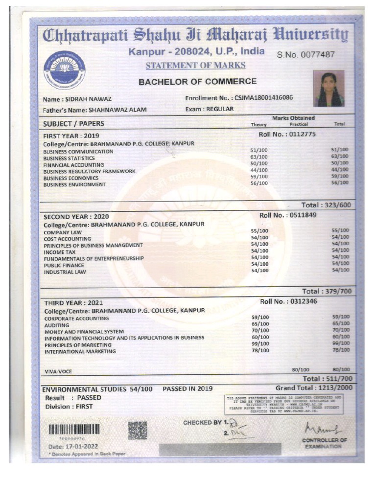 Inter Marksheet | PDF