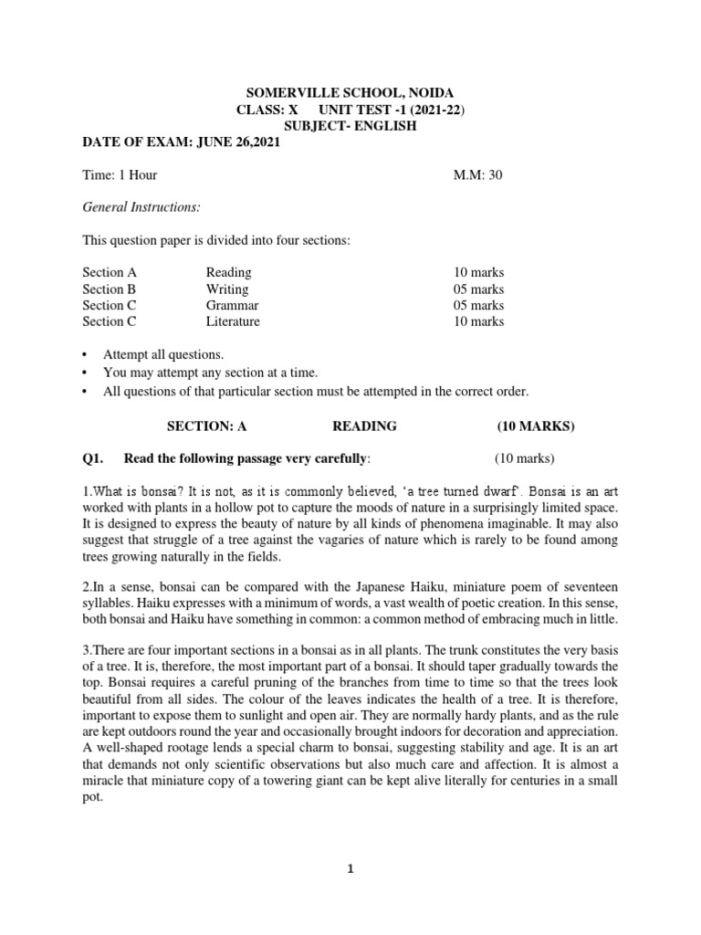 ClASS X ENGLISH - UT1 - QP 2021-22 | PDF | Bonsai | Nature ClASS X ENGLISH - UT1 - QP 2021-22 | PDF | Bonsai | Nature