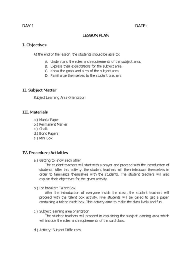 Day 1 Lesson Plan | Download Free PDF | Lesson Plan | Education Theory