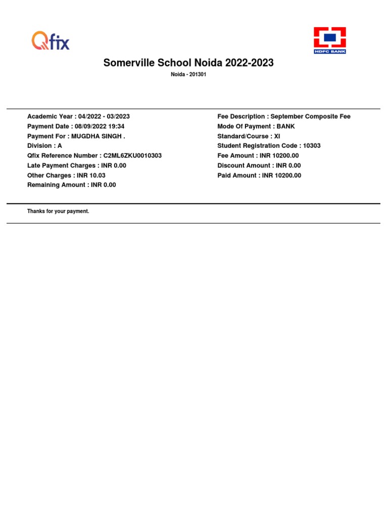 Qfix Payment Receipt September Composite Fee | PDF