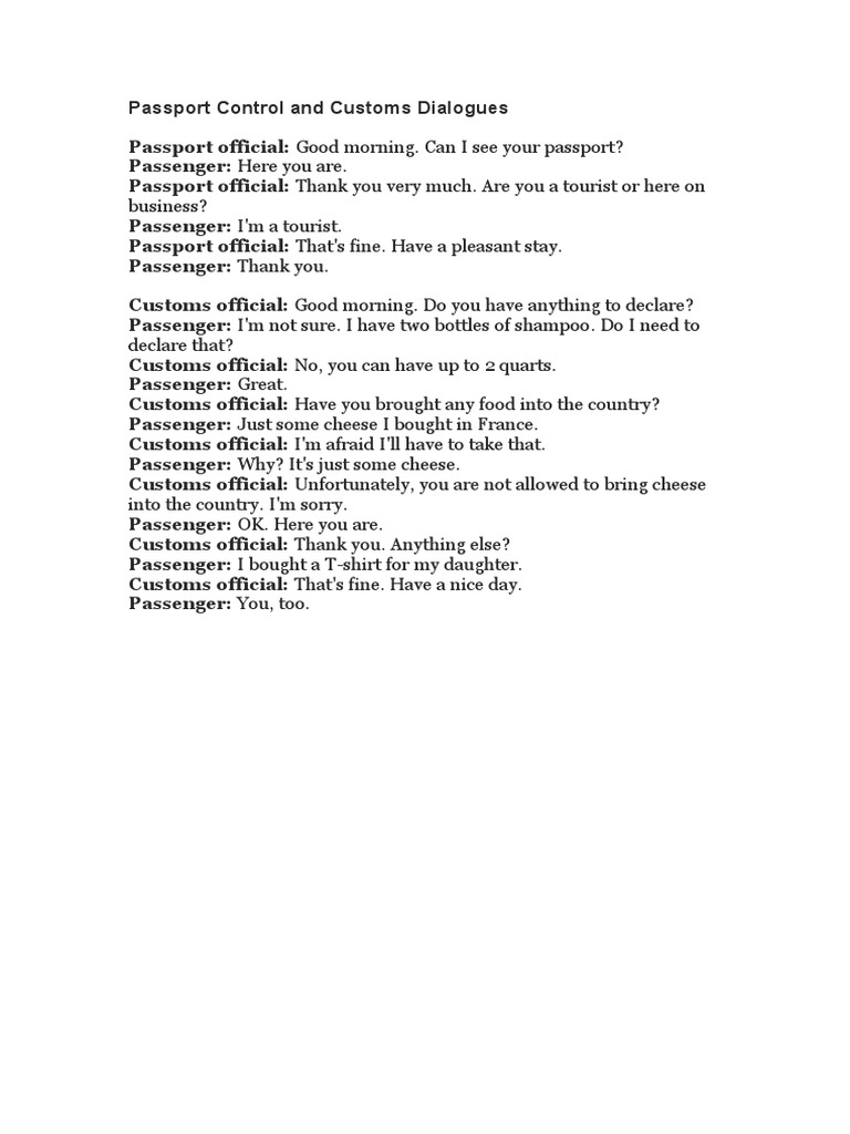 Customs and Passport Control Dialogues | PDF