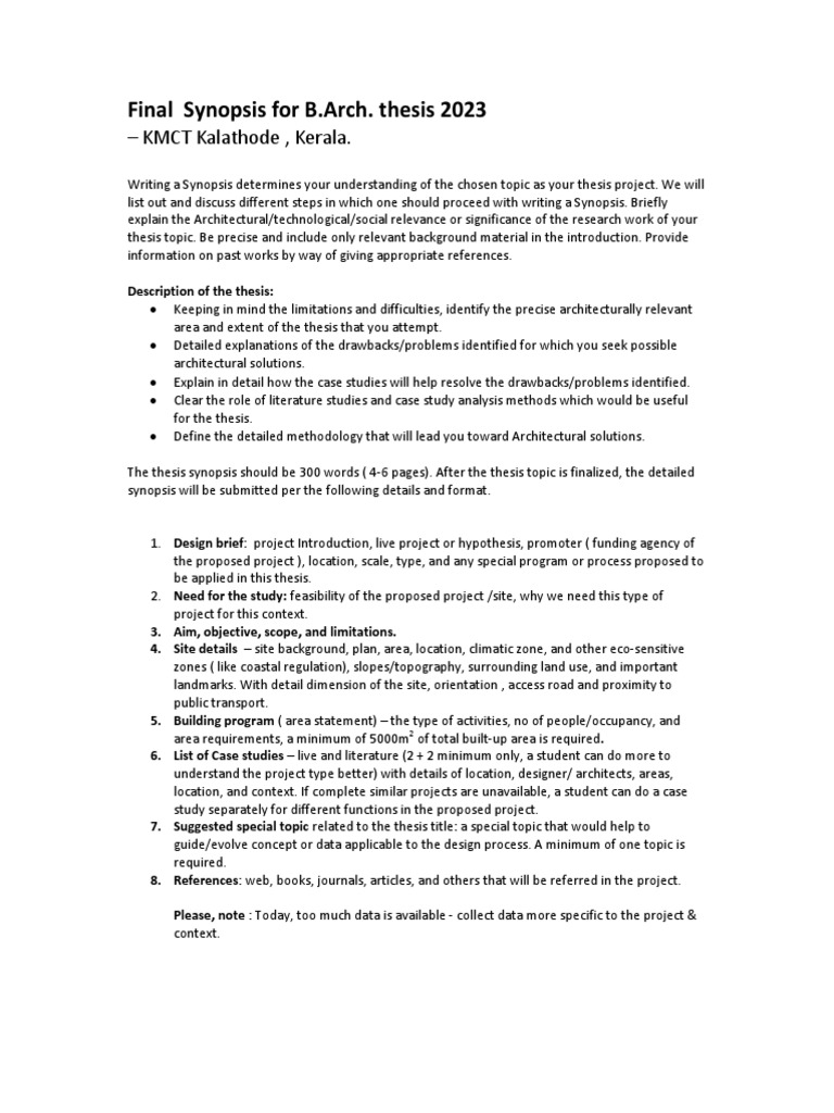 B.Arch Thesis Synopsis Guide 2023 | PDF | Thesis | Methodology
