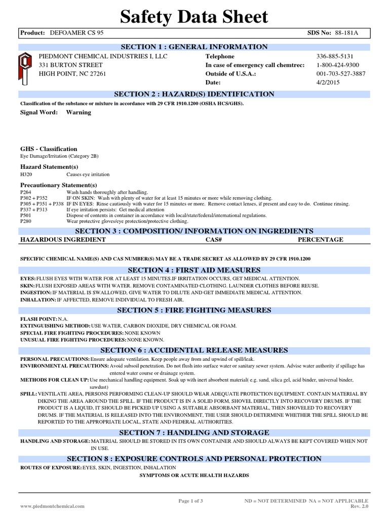Defoamer CS 95 SDS | PDF | Chemistry | Occupational Safety And Health