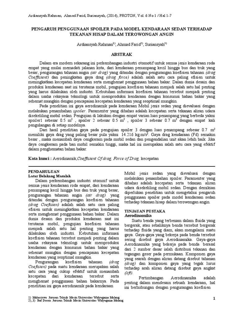 Pengaruh Spoiler pada Drag Mobil Sedan | PDF | Hukum | Teknologi & Rekayasa