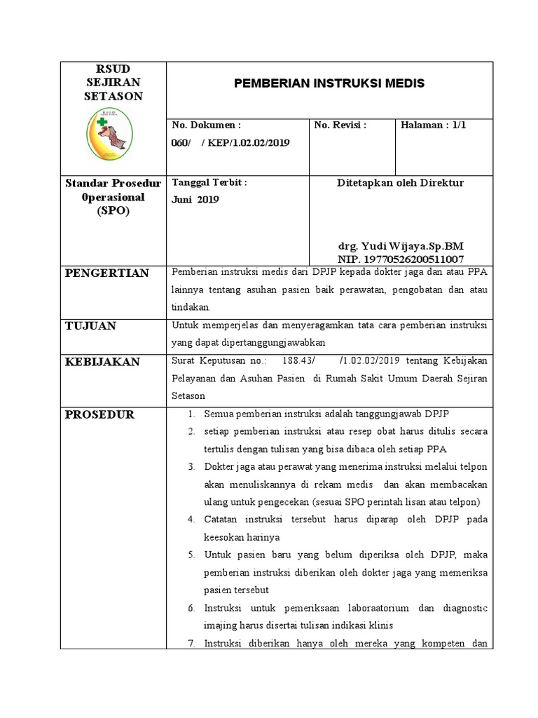 Prosedur Pemberian Instruksi Medis RSUD Sejiran | PDF | Pengembangan ...