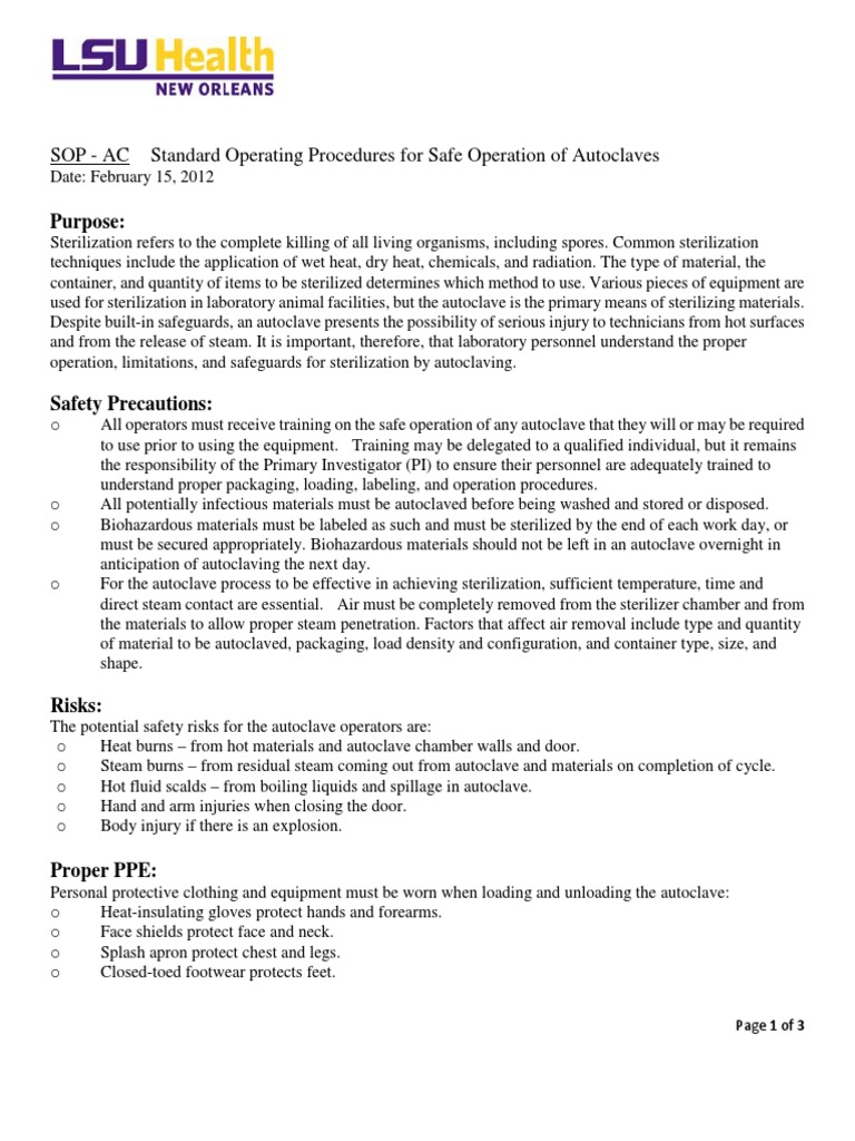 Sop - Ac Standard Operating Procedures For Safe Operation of Autoclaves ...