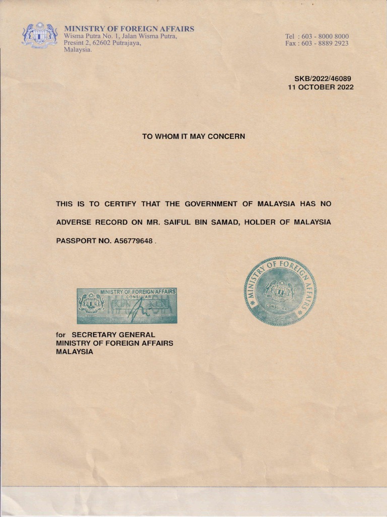 Certificate of Good Conduct - Malaysia | PDF