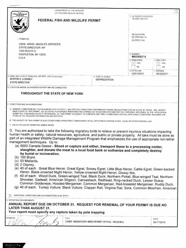 USFWS Depredation Permit - 9-17-2010 | PDF | Tetrapods | Holarctic Birds