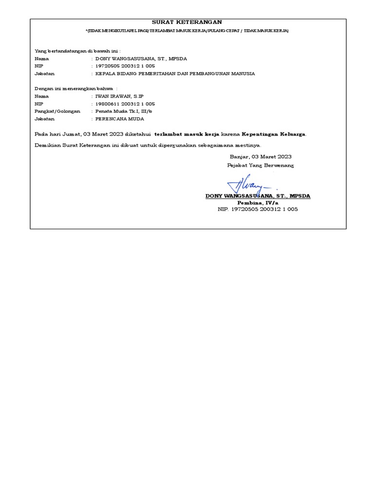 Surat Keterangan Terlambat Iwan Irawan | PDF