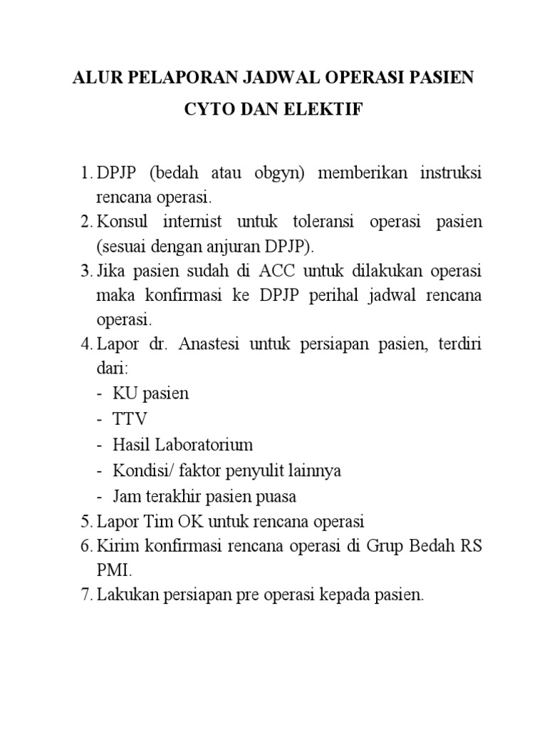 Alur Pelaporan Jadwal Operasi Pasien Cyto Dan Elektif | PDF