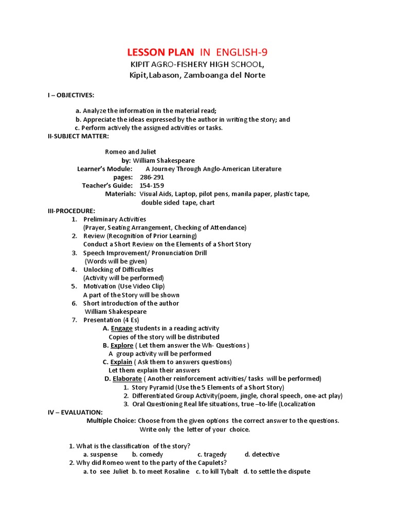 English Lesson Plan | PDF | Romeo And Juliet | Characters In Romeo And ...
