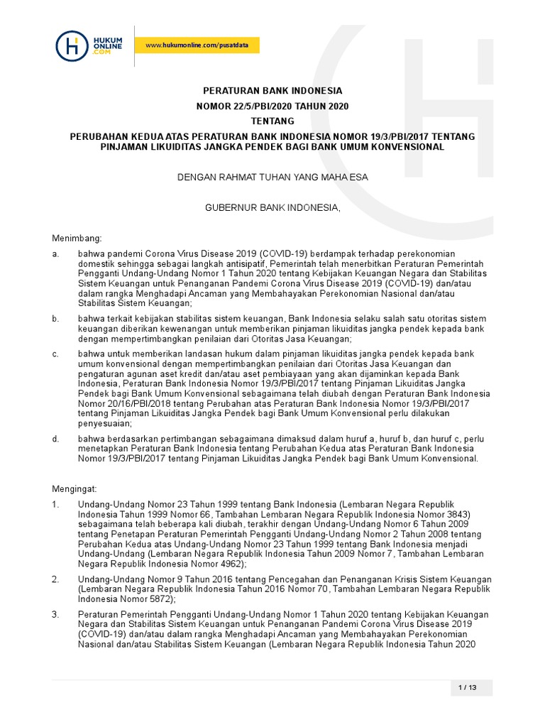 Peraturan Bank Indonesia Nomor 22 5 Pbi 2020 Tahun 2020 | PDF