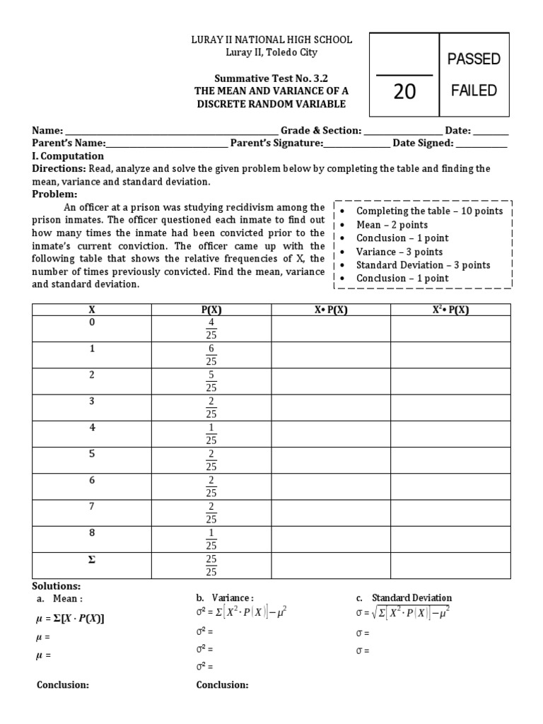 Summative Test On Mean, Variance and Standard Deviation | PDF ...