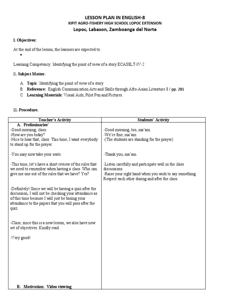 LESSON PLAN IN ENGLISH Point of View | PDF | Stress (Linguistics ...
