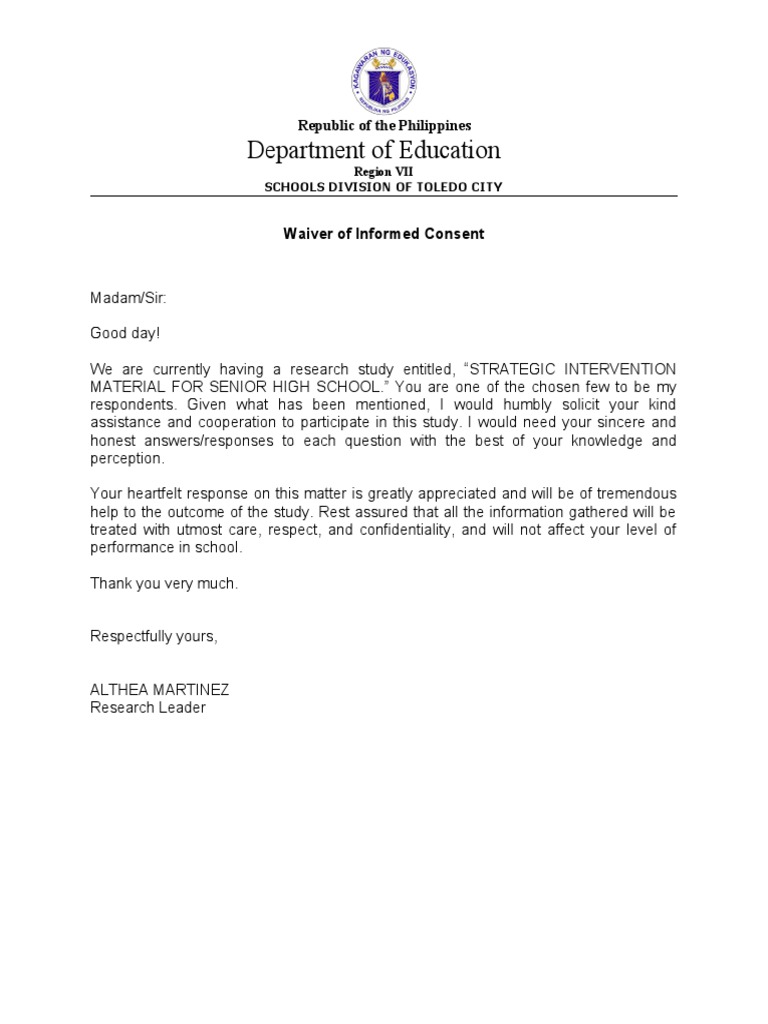 Sample of Waiver of Informed Consent | PDF