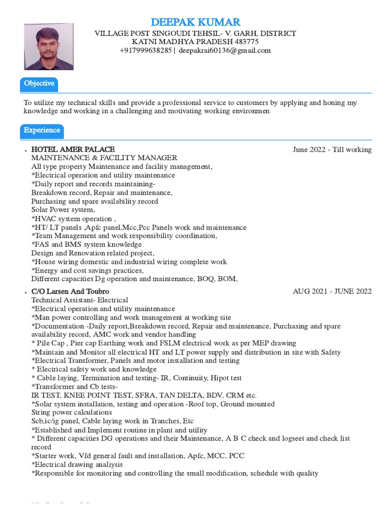 Deepak Rai CV | PDF | Electrical Engineering | Engineering