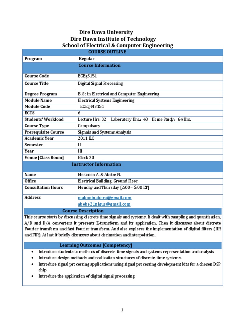 DSP Course Outline 2011 | PDF | Digital Signal Processing | Discrete ... DSP Course Outline 2011 | PDF | Digital Signal Processing | Discrete ...