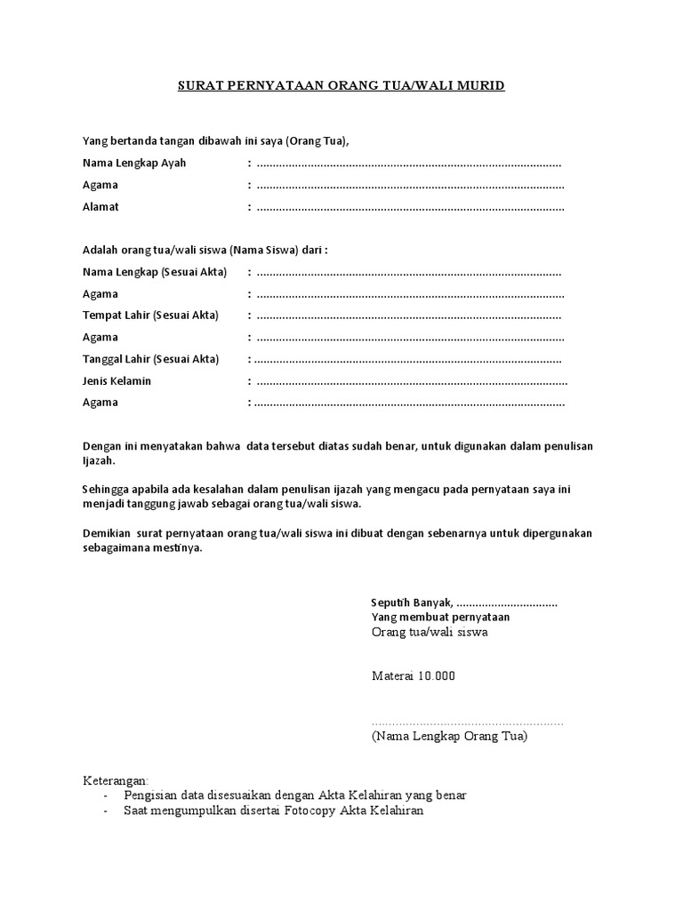 SURAT PERNYATAAN ORANG TUA | PDF