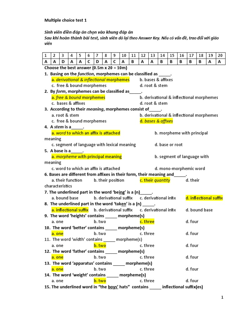 Morpho Test 1 Pdf Word Grammar