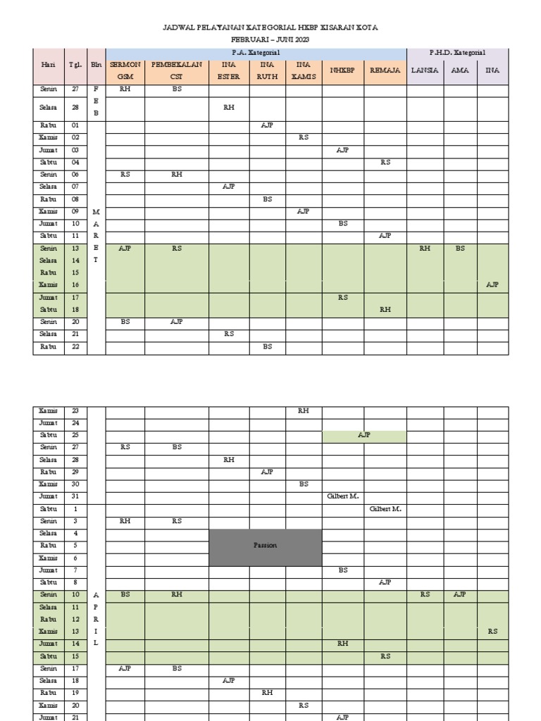 Jadwal 2023 Pelayanan Minggu Dan Kategorial HKBP Kisaran Kota | PDF