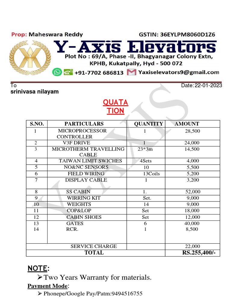 Y-Axis Elevators Invoice New | PDF