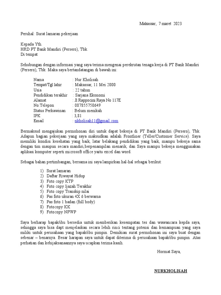 Surat Lamaran Mandiri. | PDF