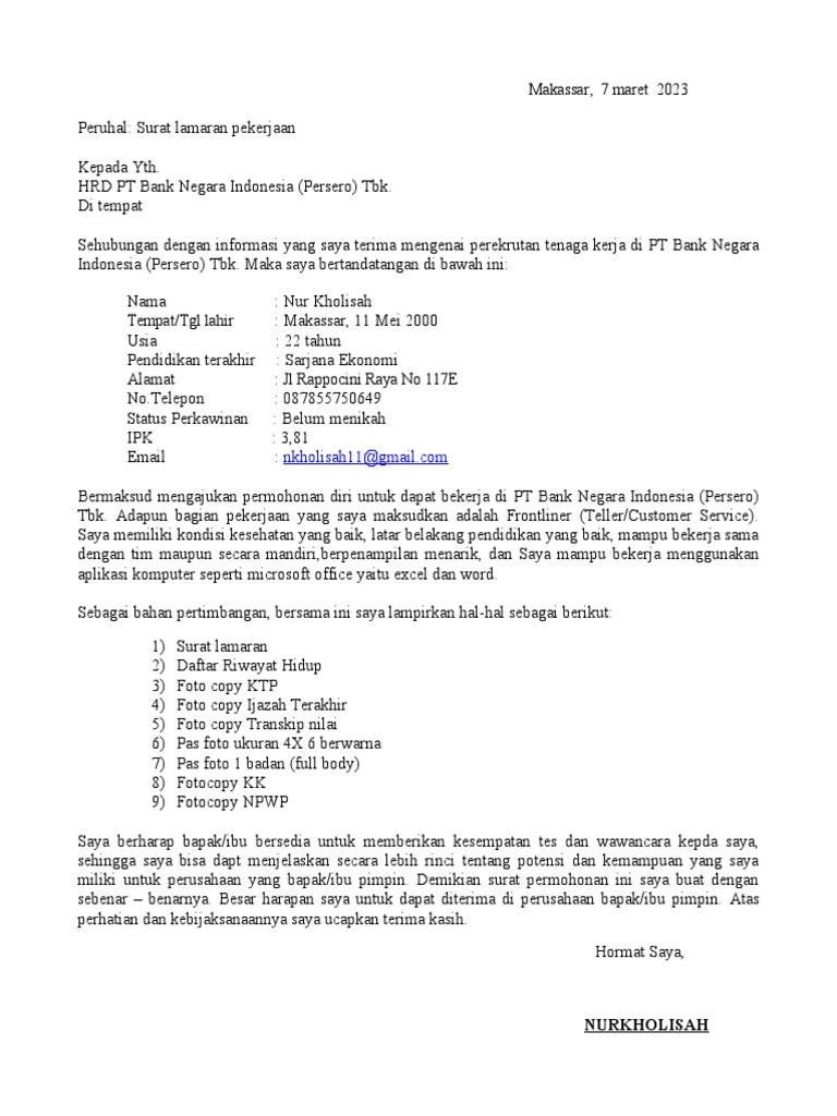 Surat Lamaran Kerja Frontliner BNI | PDF | Karier & Perkembangan