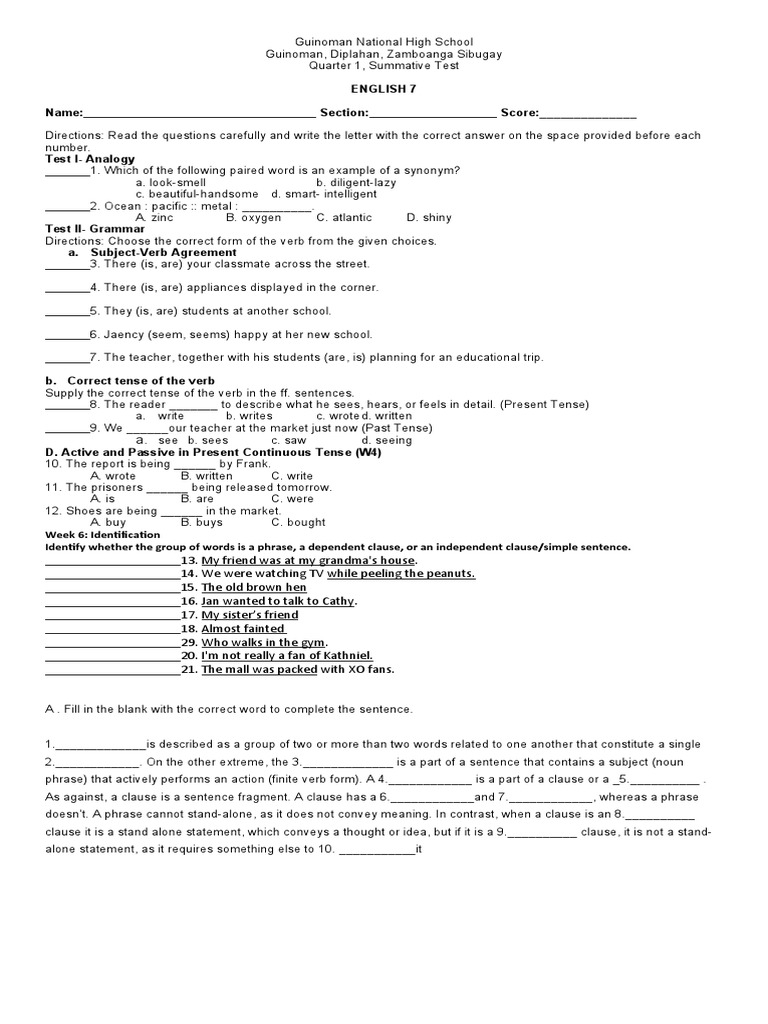 1st Quarter Summative Test, TOS, TEst Questions | PDF | Clause ...