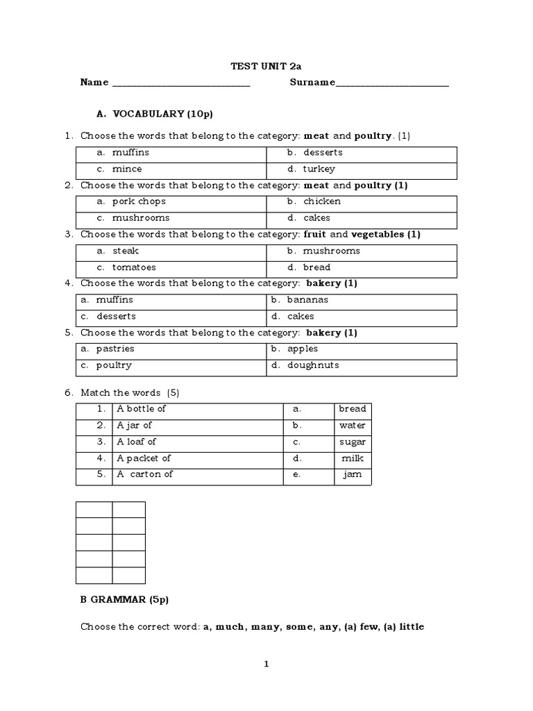 TEST UNIT 2a 6 Class Hellenic Primary | PDF | Cakes | Desserts