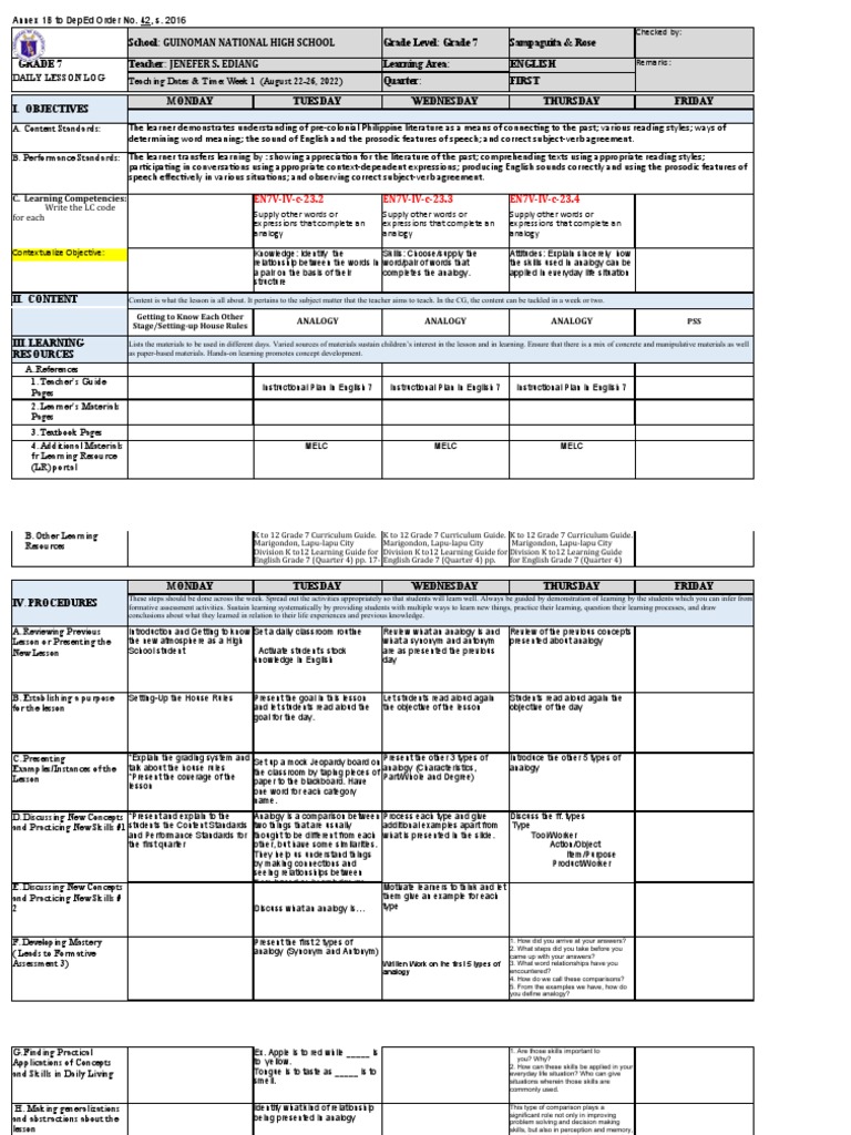 Grade 7 DLL !ST Quarter Week | PDF | Learning | Analogy