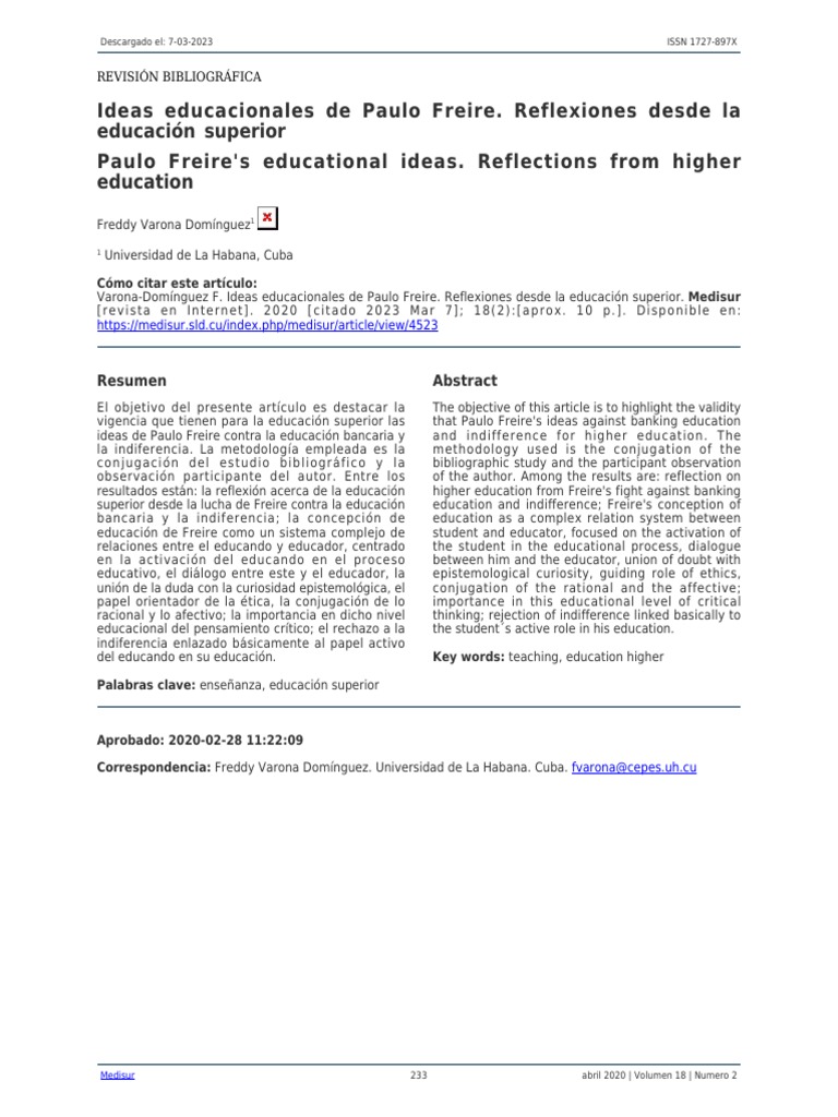 Ideas Educacionales de Paulo Freire. Reflexiones Desde La Educación Superior Paulo Freire's ...