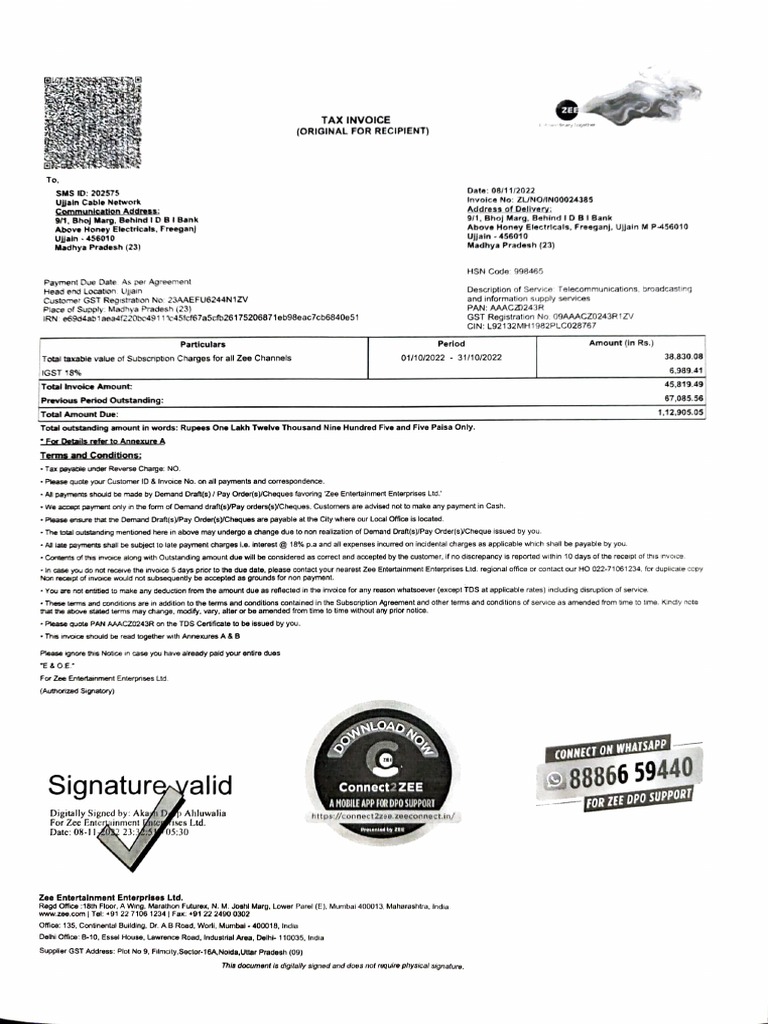 Subscription Invoice from Zee Entertainment Enterprises Ltd. | PDF | Invoice | Payments