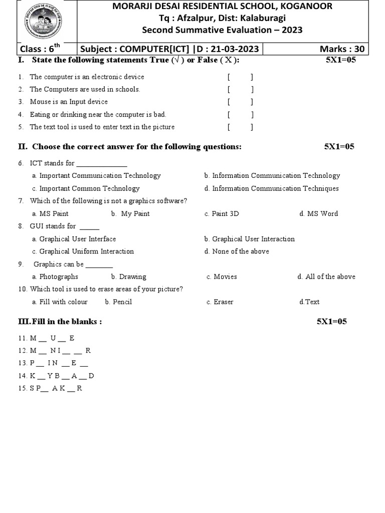Computer Basics Evaluation for 6th Grade | PDF