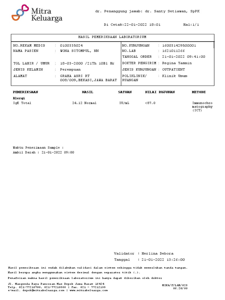 Hasil Lab IgE Total Wona Sitompul | PDF