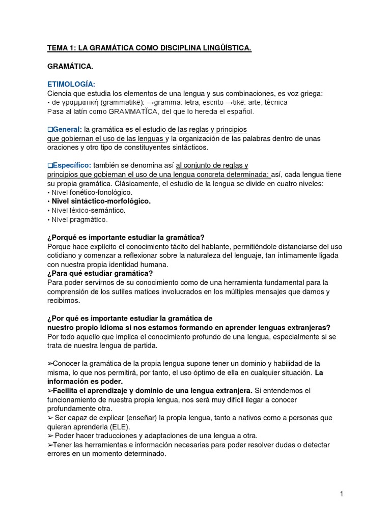 Tema 1 La Gramatica Como Disciplina Linguistica Pdf Gramática