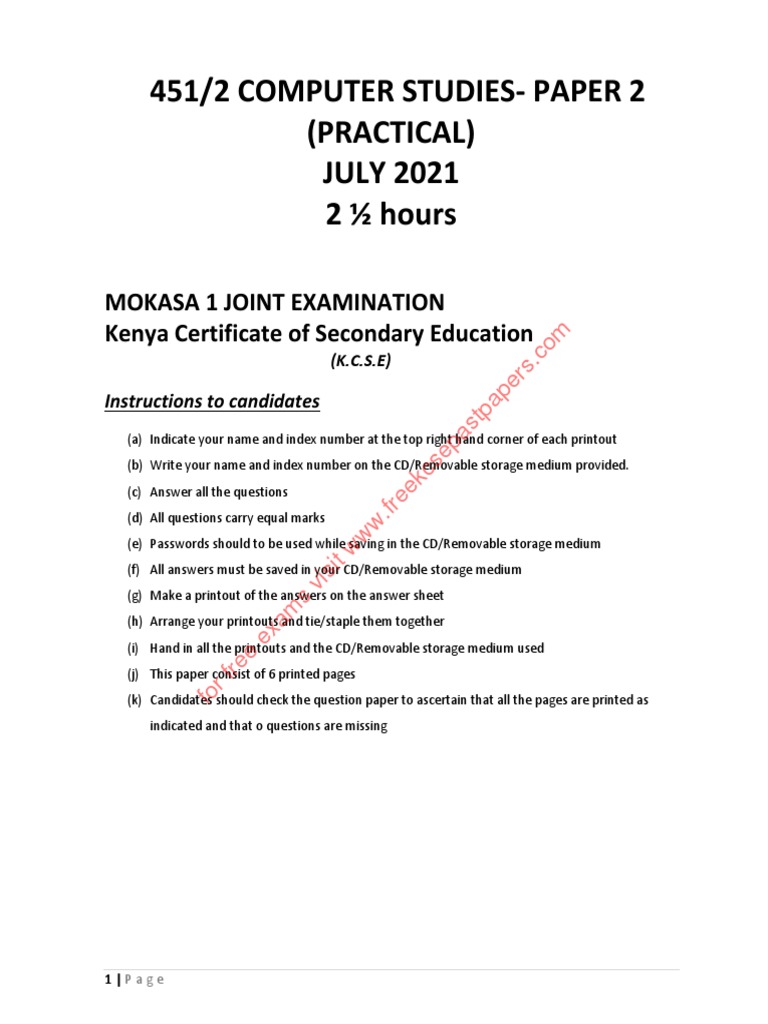 July 2021 MOKASA COMPUTER P2 QNS | PDF | Artificial Intelligence | Intelligence (AI) & Semantics