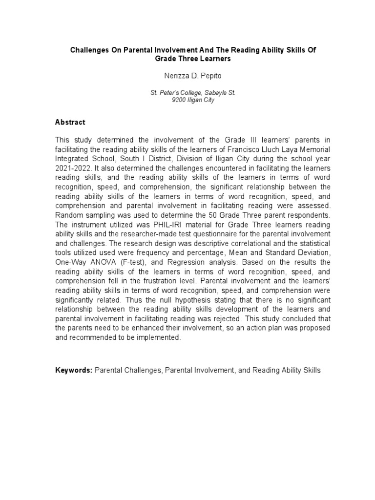 Parental Involvement in Grade 3 Reading Skills | PDF | Reading ...