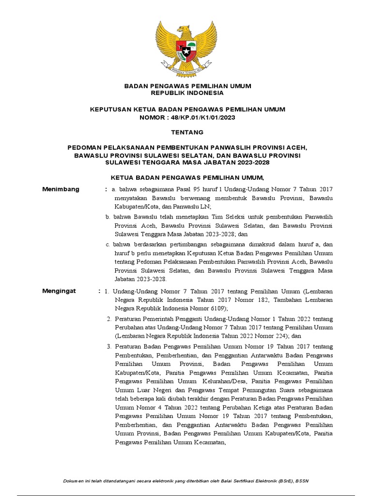 SK Dan Pedoman Pembentukan Panwaslih Aceh Serta Bawaslu Provinsi Sulut Sultra | PDF