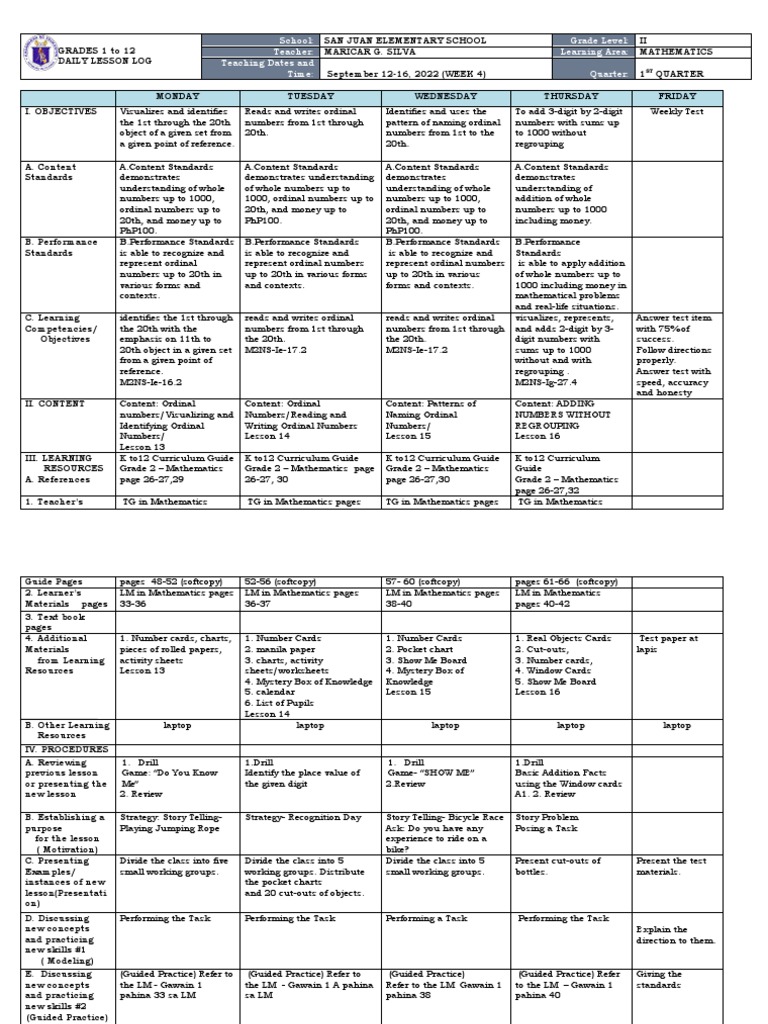 DLL - Mathematics 2 - Q1 - W4 - 1 | PDF | Curriculum | Learning