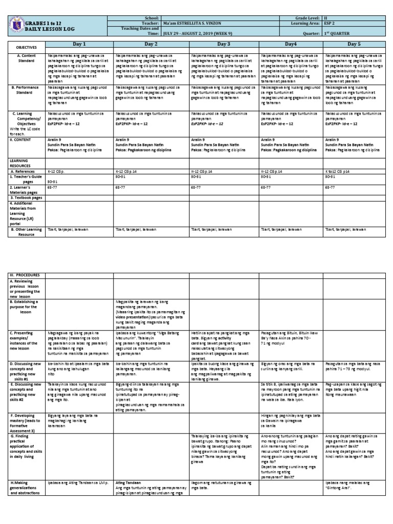 ESP Grade 2 Q1 Week 9 DLL | PDF