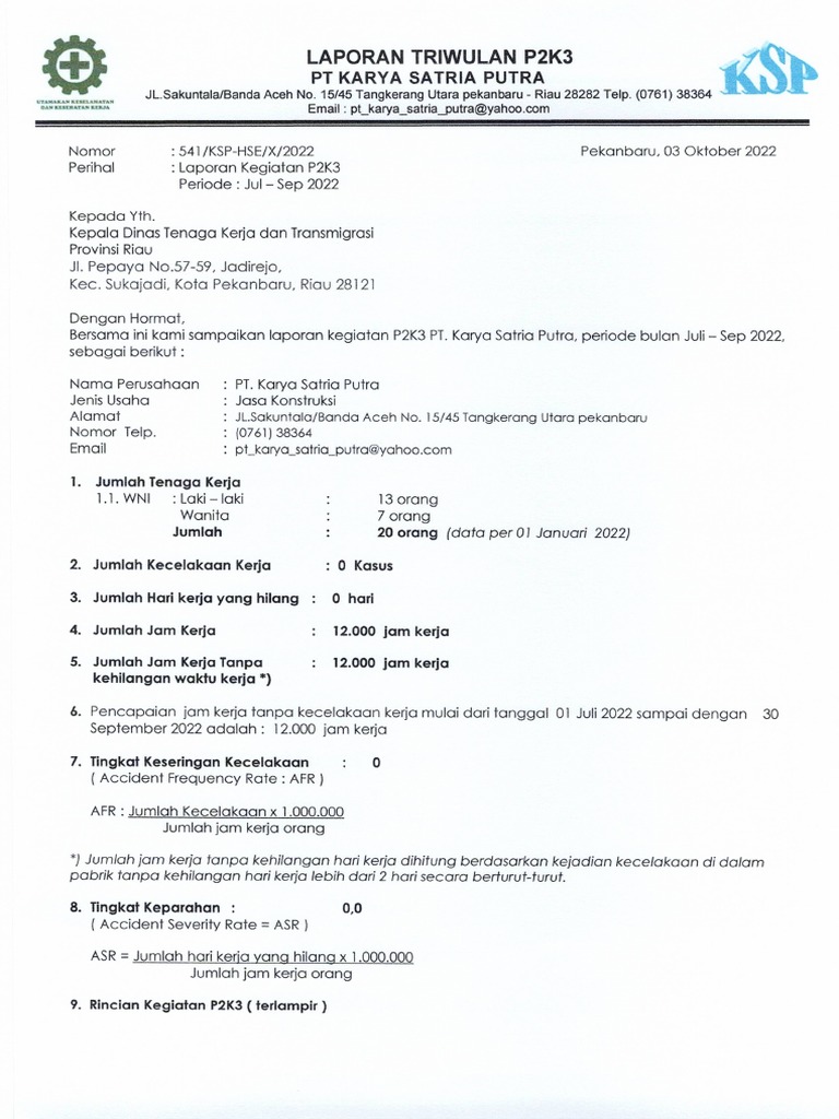 Laporan P2K3 Triwulan 3 (Jul-Sep) 2022 | PDF Laporan P2K3 Triwulan 3 (Jul-Sep) 2022 | PDF