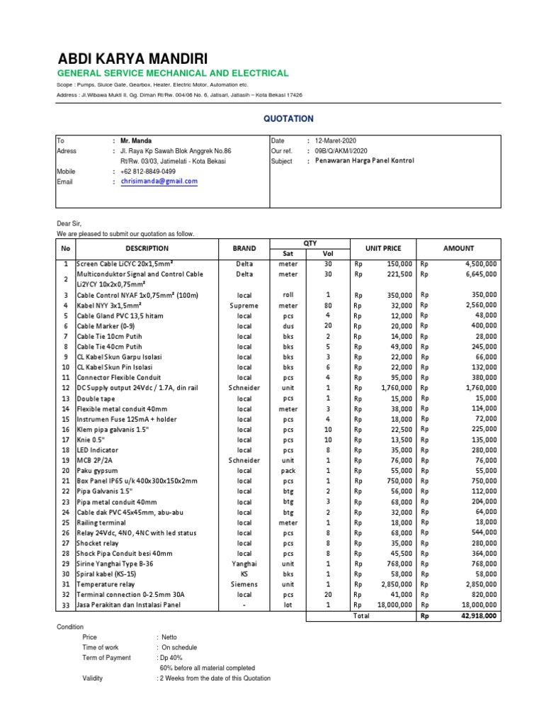 Penawaran - Harga - Panel Kontrol | PDF | Equipment | Electric Power