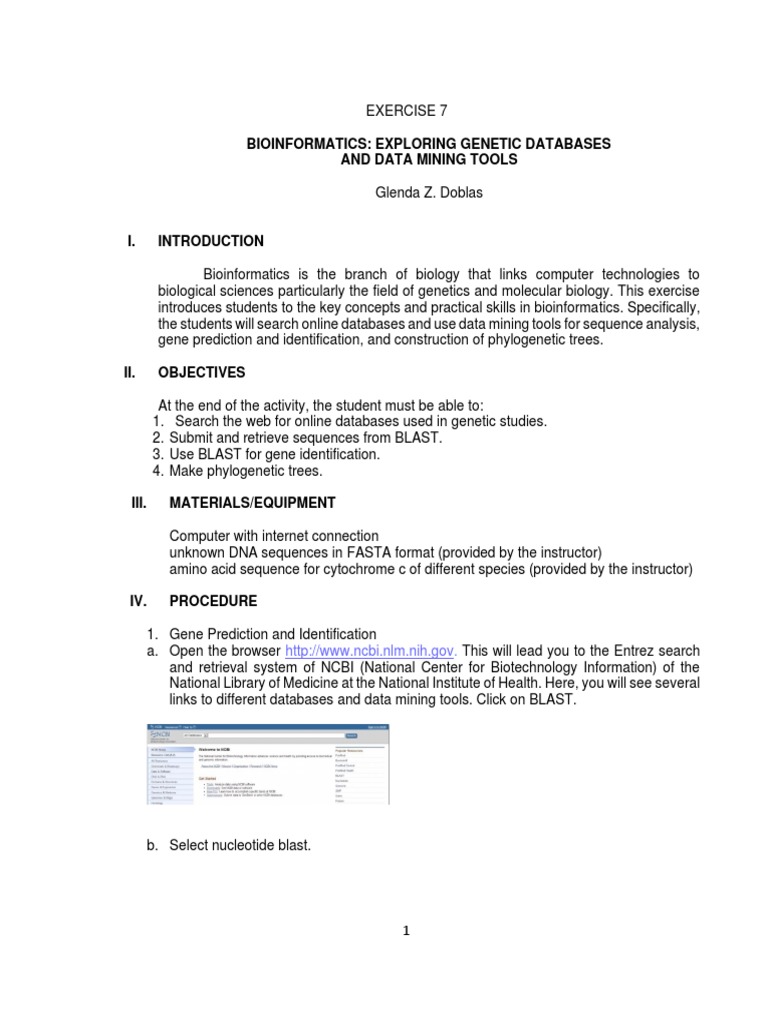 Exercise 7 Bioinformatics Pdf National Center For Biotechnology Information Nucleic Acid 