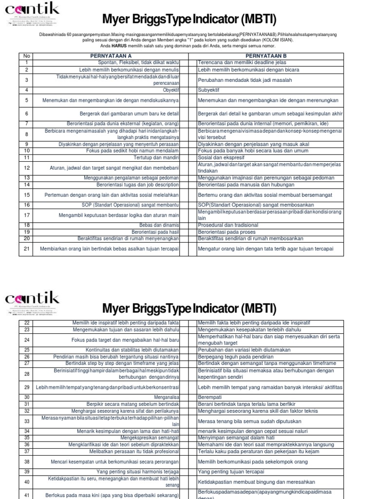 Panduan Tes Kepribadian MBTI | PDF