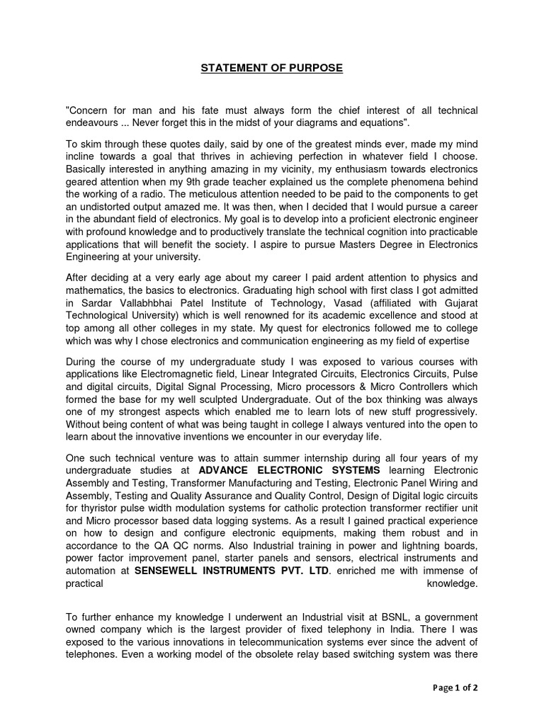 Statement of Purpose | PDF | Electronics | Telephone