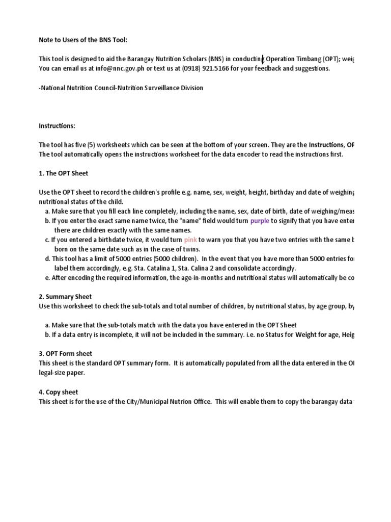 Note To Users of The BNS Tool:: Purple | PDF | Information Science