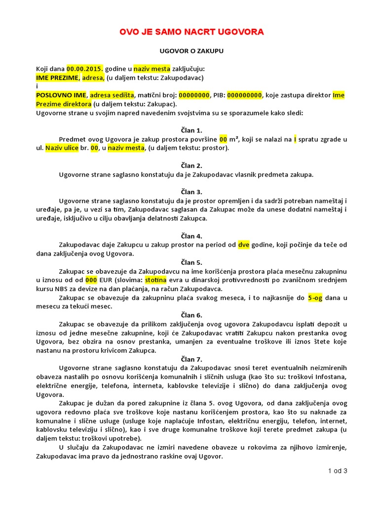 Primer Ugovora o Zakupu Poslovnog Prostora | PDF