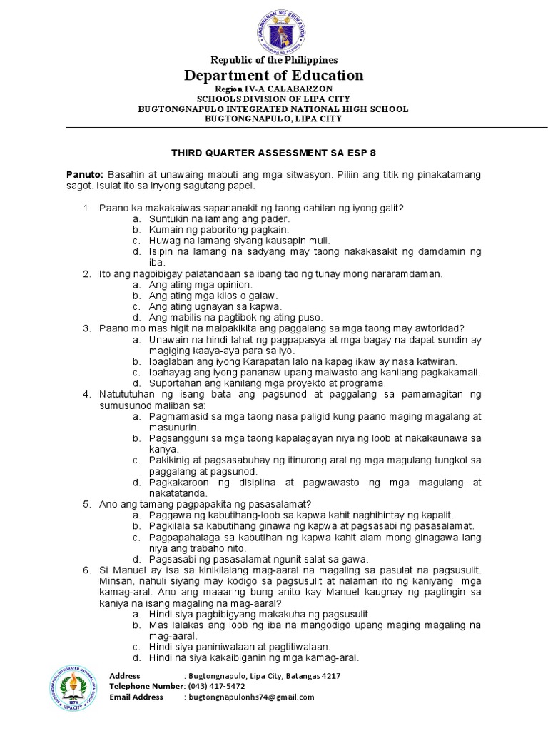 3rd Quarter Assessment Esp 8 - To Print | PDF