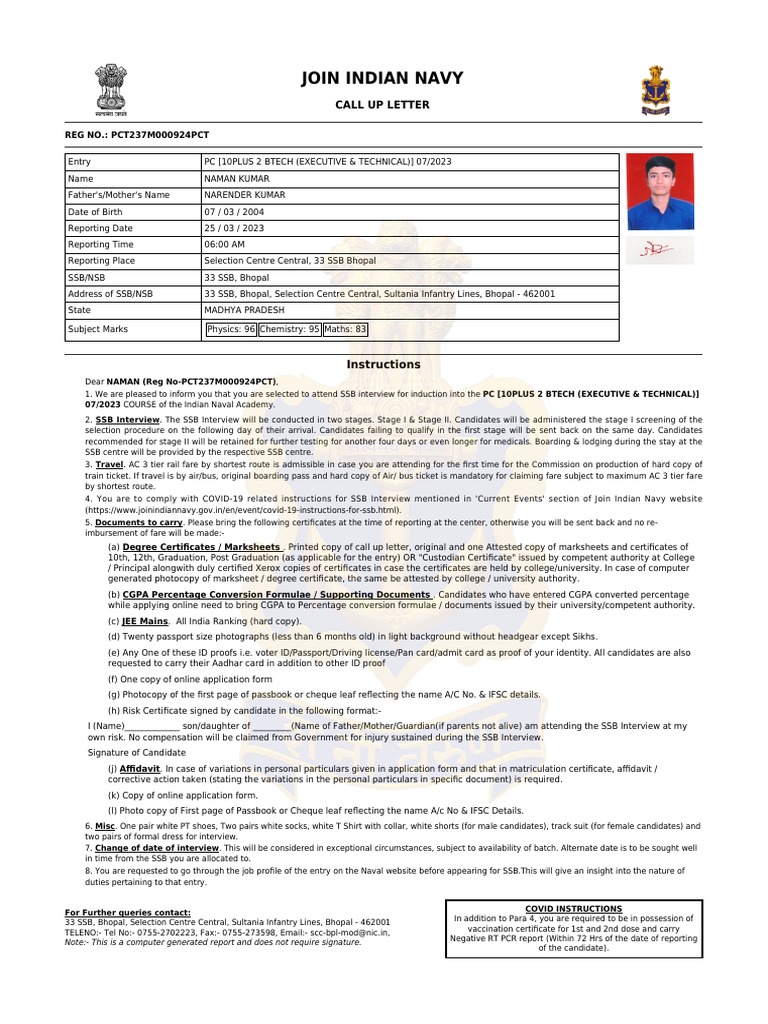 Join Indian Navy - Call Up Letter for SSB Interview | PDF