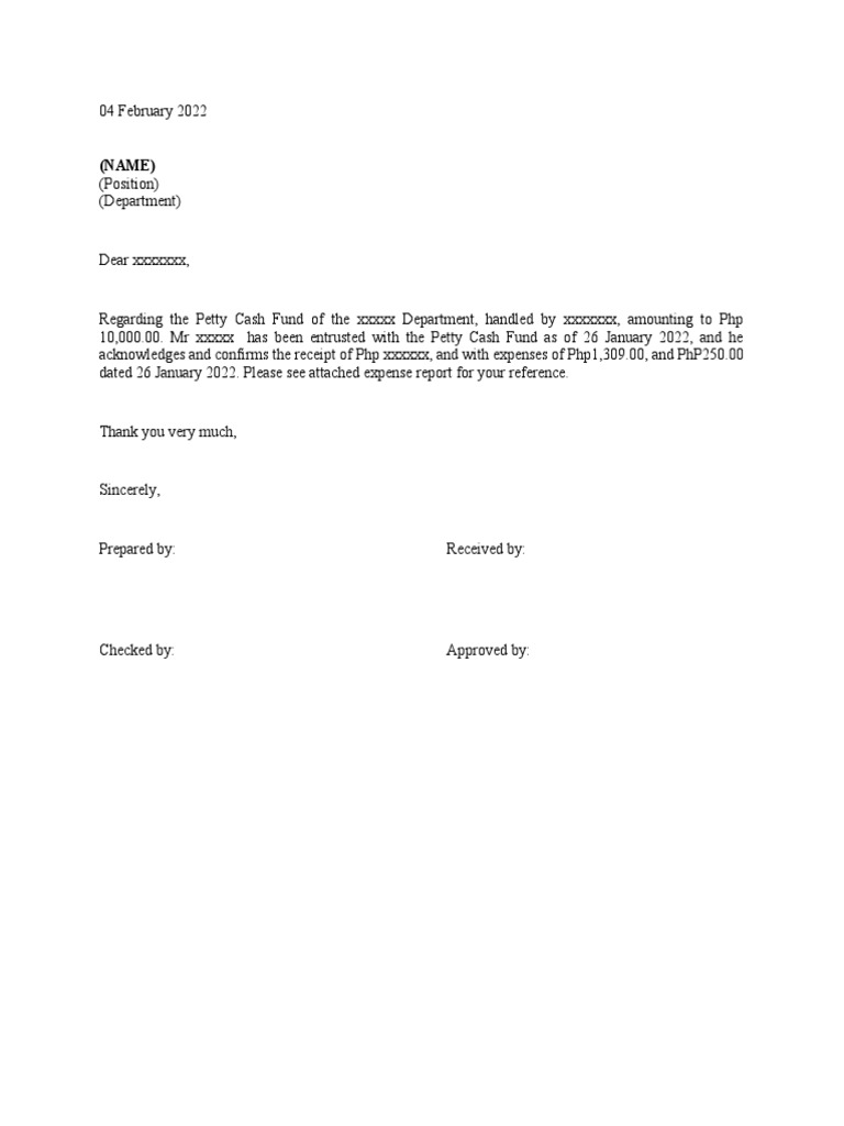 Petty Cash Fund Acknowledgment Letter | PDF | Finance & Money Management